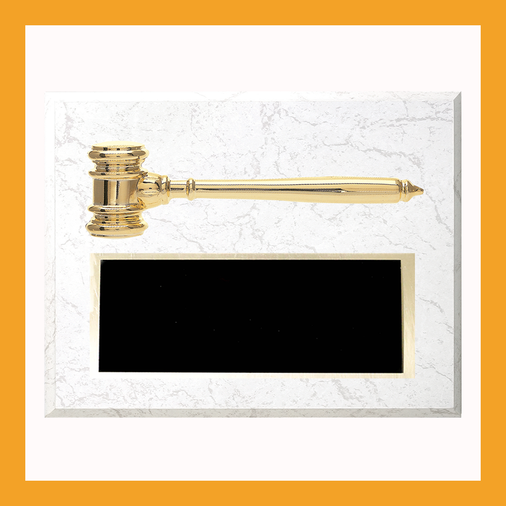 Golden Gavel White Marble Finish Plaques | Mr. Trophy Shop